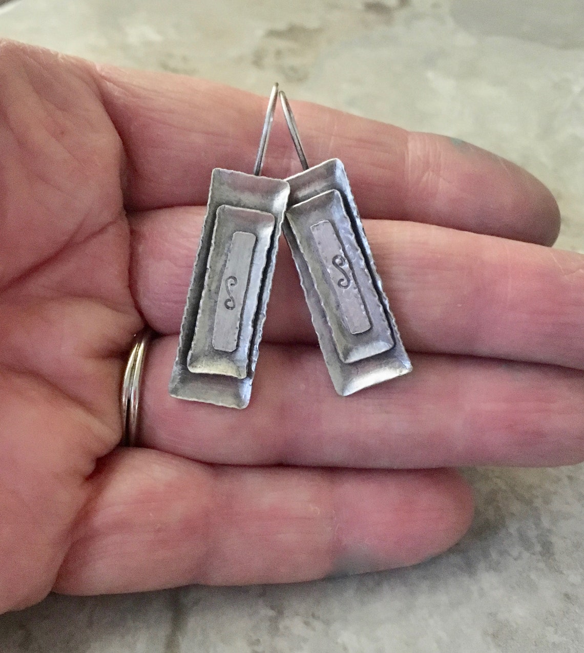 Rustic Sterling Silver Earrings Hand Stamped Silver Layered - Etsy
