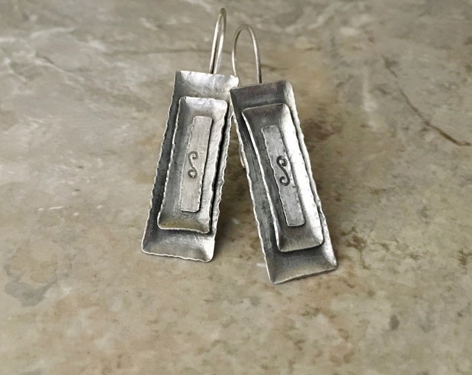 Rustic Sterling Silver Earrings, Hand Stamped, Silver Layered Earrings ...