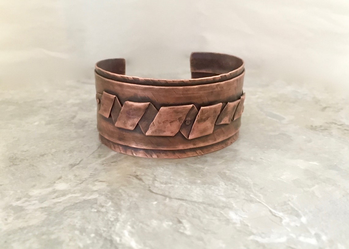 Rustic copper cuff folded metal textured boho bracelet | Etsy