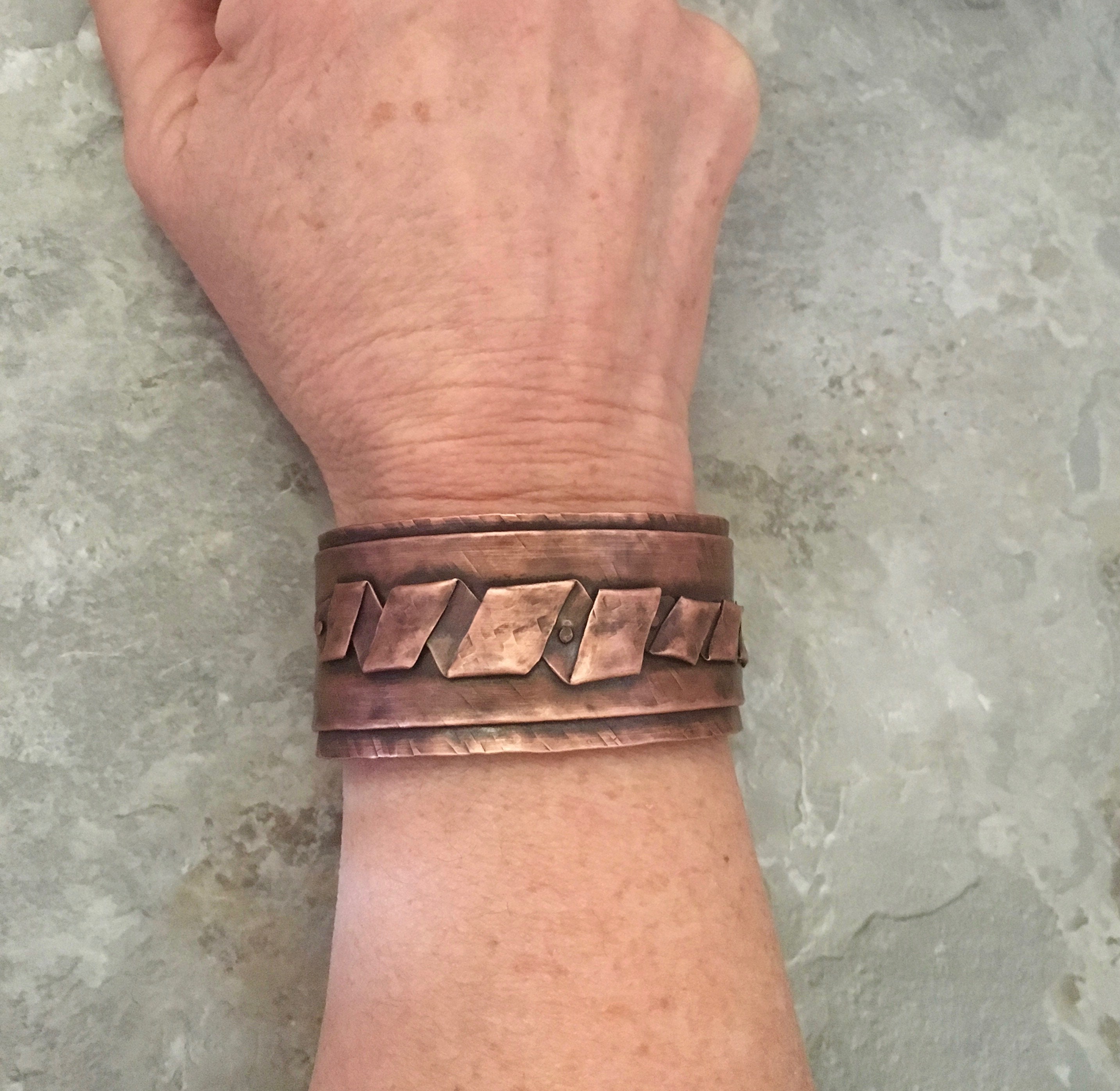 Rustic copper cuff folded metal textured boho bracelet | Etsy