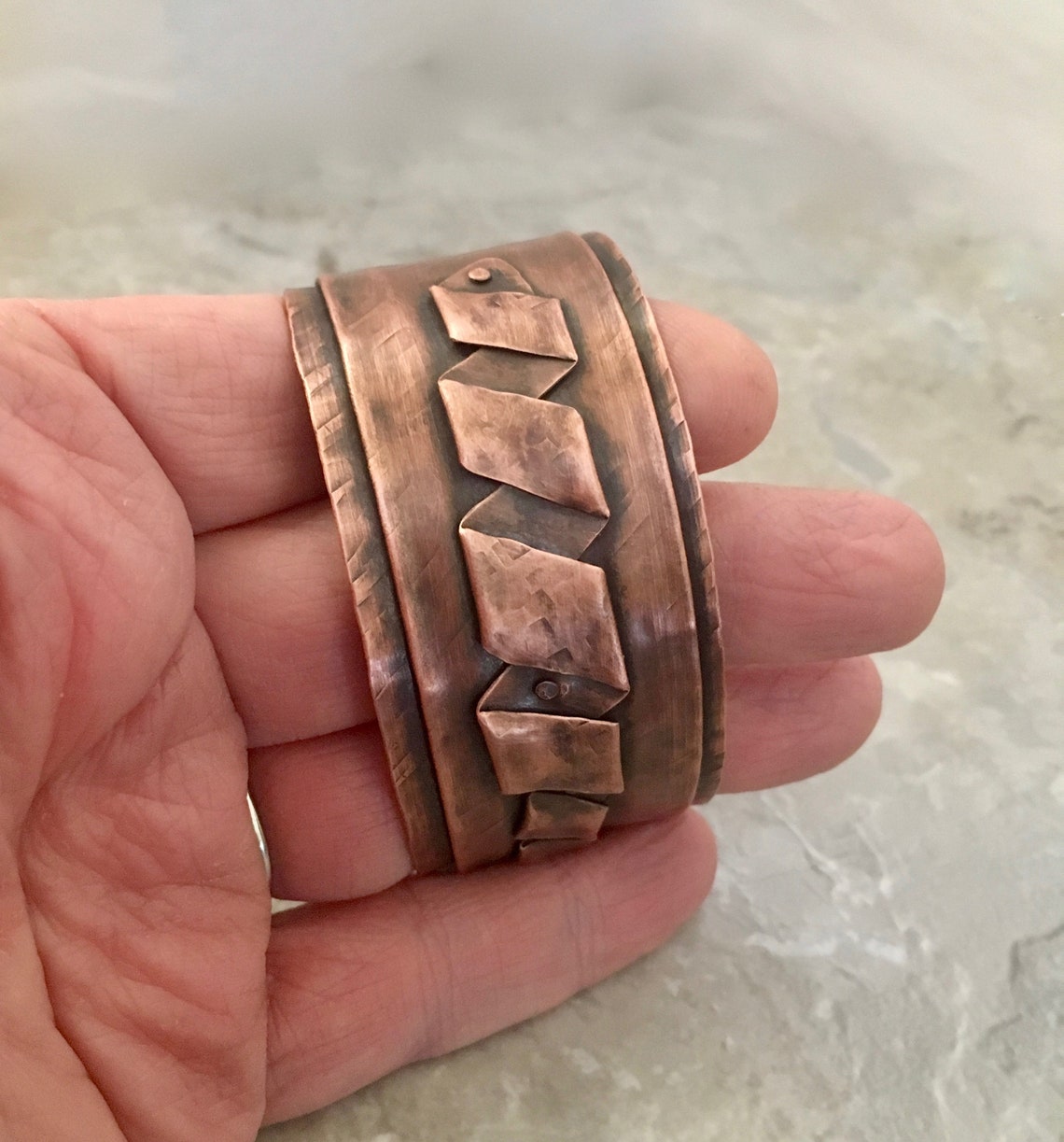 Rustic copper cuff folded metal textured boho bracelet | Etsy