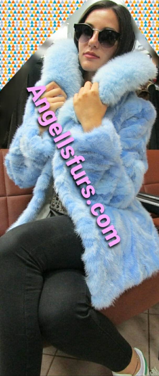 New Natural Real LIGHT BLUE MINK fur coat with Fox! Order Any color!