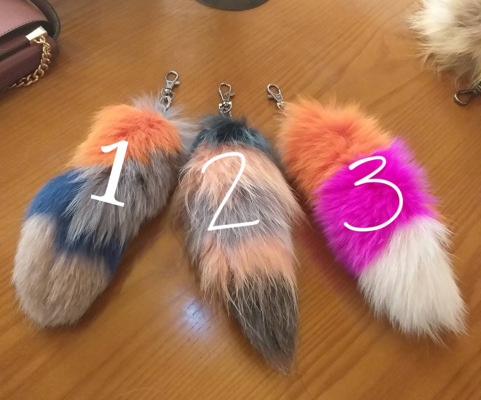 New! FOX POM- in shape like tail- keychain in Beautiful MULTICOLOR Fox ...