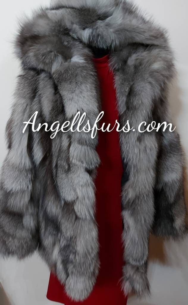 SILVER FOX HOODED Fur Jacket!Brand New Real Natural Genuine Fur!