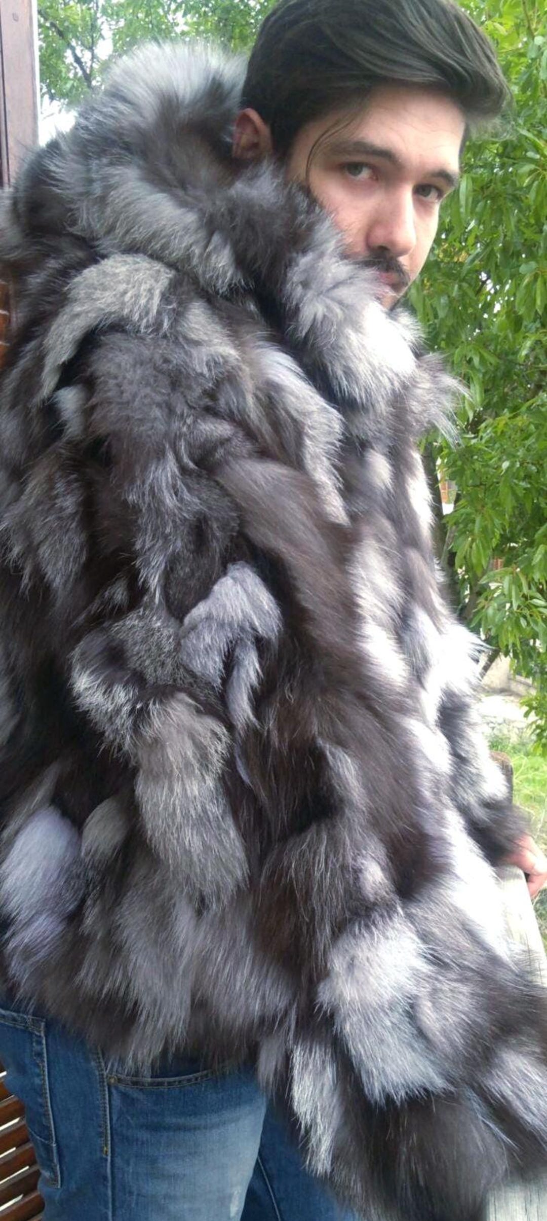 MEN'S HOODED SILVER Fox Short Fur Jacket!brand New Real Natural Genuine ...