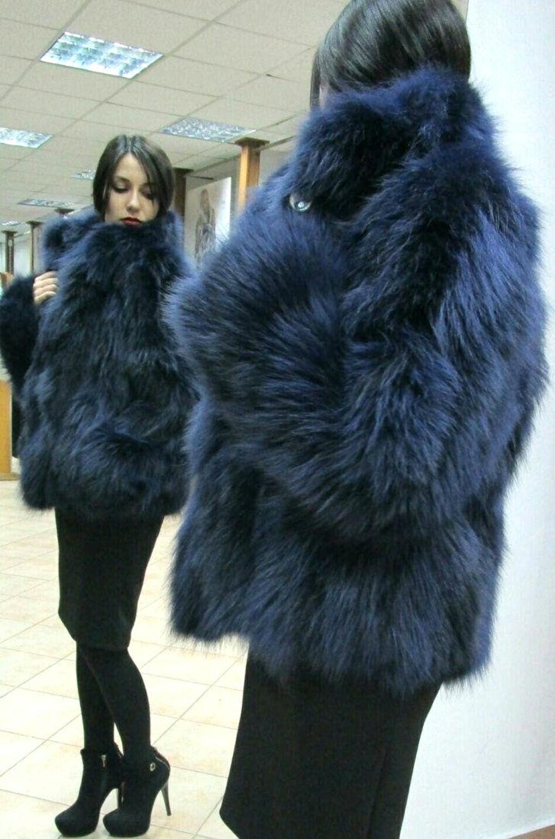 FOX BLUE COLOR Fur Jacket!fluffy!order Any Color!brand New Real Natural ...