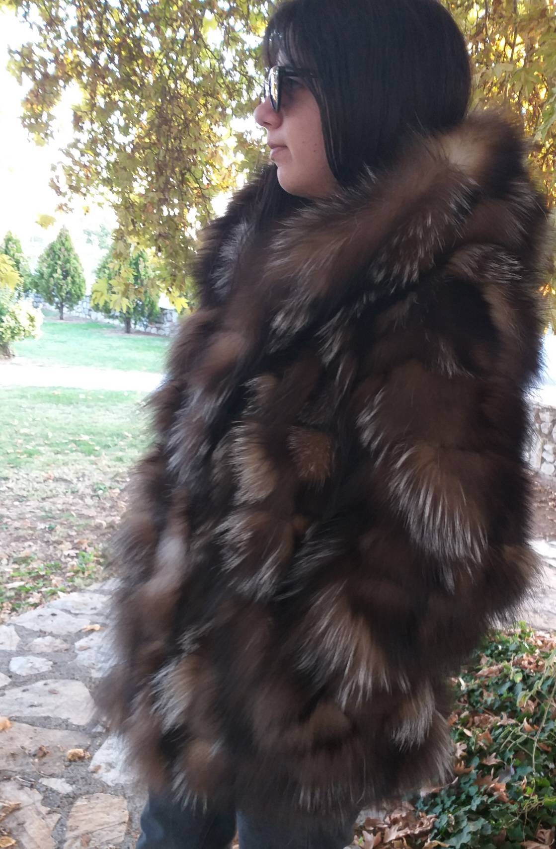HOODED CRYSTAL FOX Fur coat!Brand New Real Natural Genuine Fur!