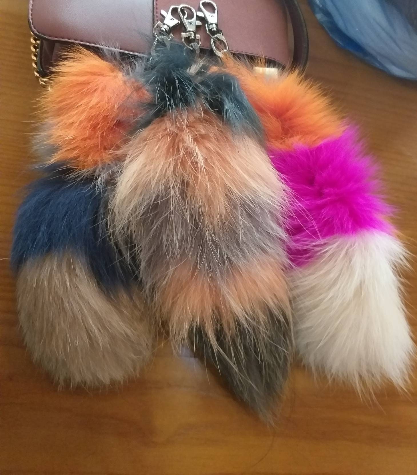 New! FOX POM- in shape like tail- keychain in Beautiful MULTICOLOR Fox ...