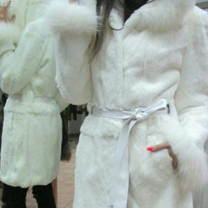 HOODED WHITE RABBIT Sheared Fur Coat With Fox!brand New Real Natural ...