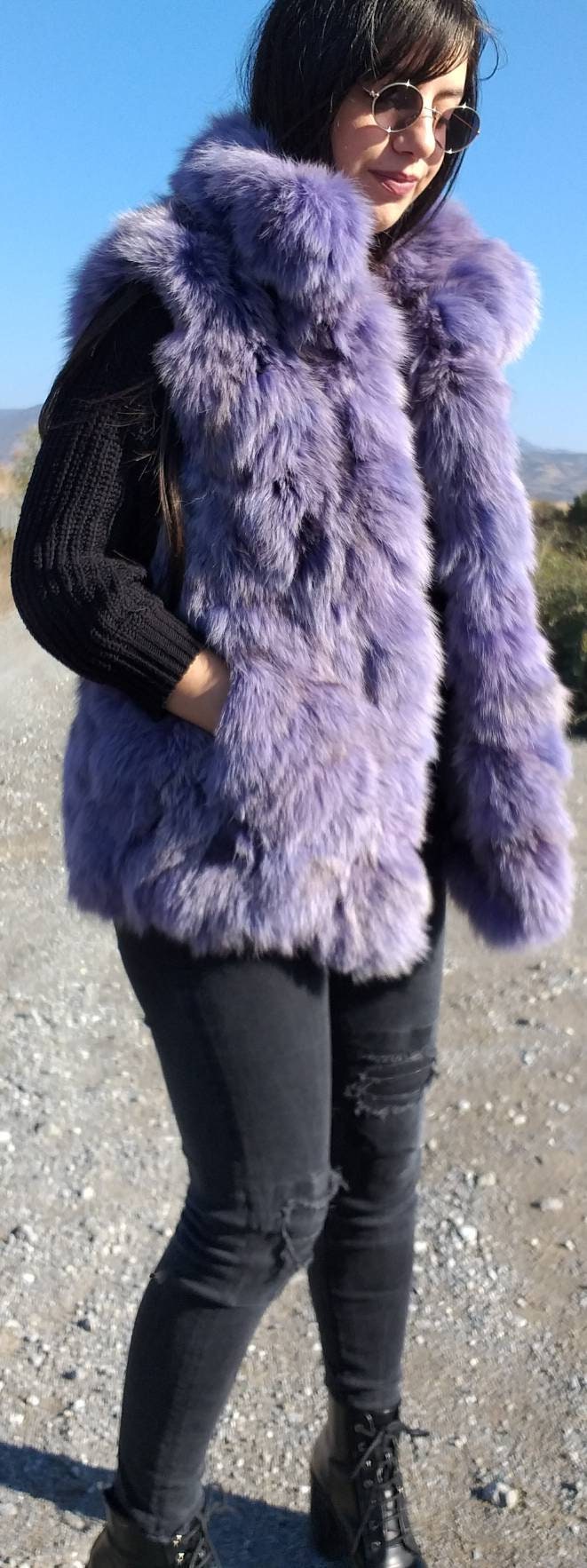 New!Natural Real LILAC Fox Fur Vest!