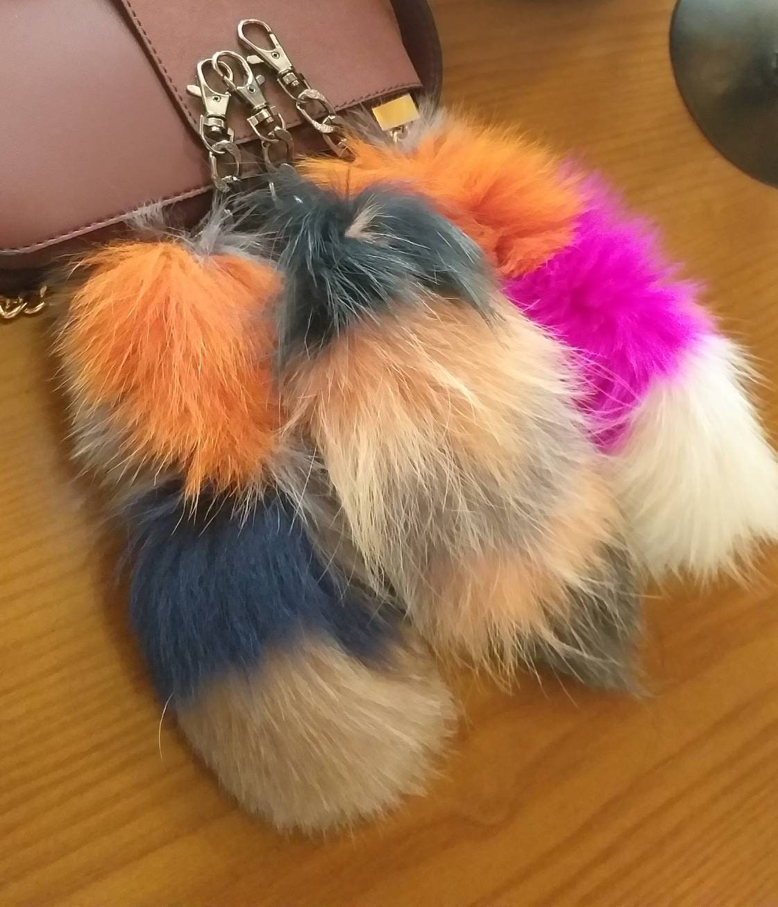 New! FOX POM- in shape like tail- keychain in Beautiful MULTICOLOR Fox ...