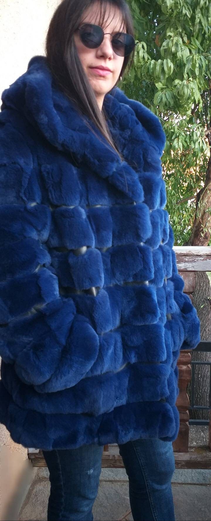 HOODED ROYAL Blue REX Fur coat!Brand New Real Natural Genuine Fur!