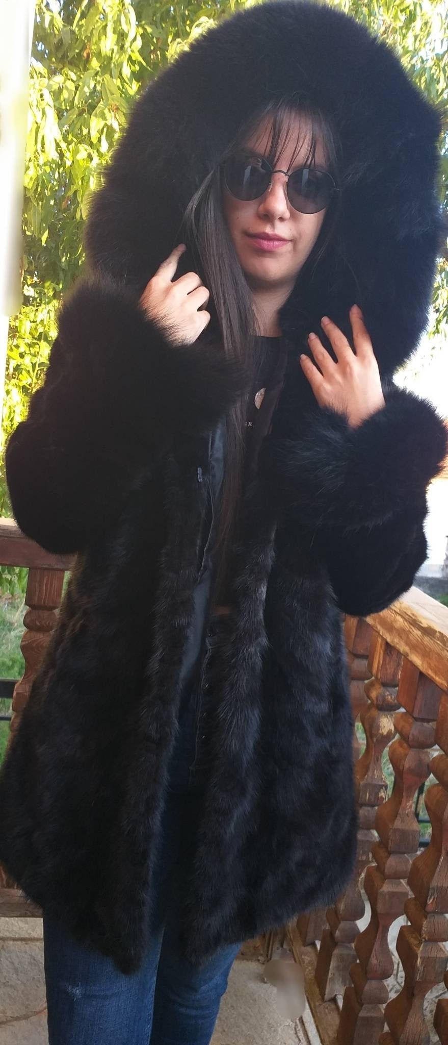 NEW!Natural Real Hooded Mink Fur Coat