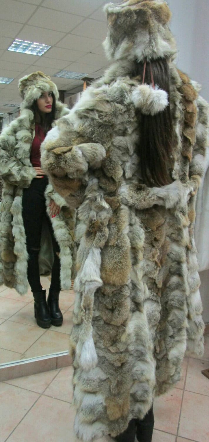 COYOTE FULL LENGTH Fur coat with Hat!Brand New Real Natural Genuine Fur!