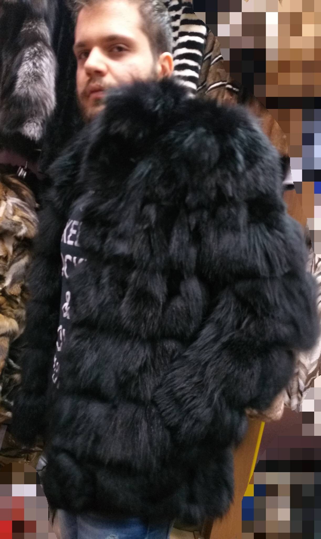 MEN'S New Real Natural Black Fox jacket with leather stripes!