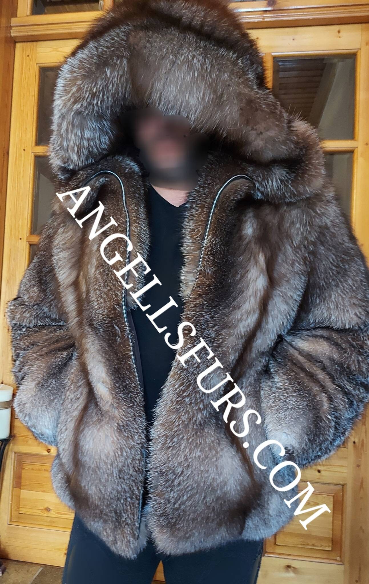 MEN'S HOODED CRYSTAL Fox Jacket!Brand New Real Natural Genuine Fur!