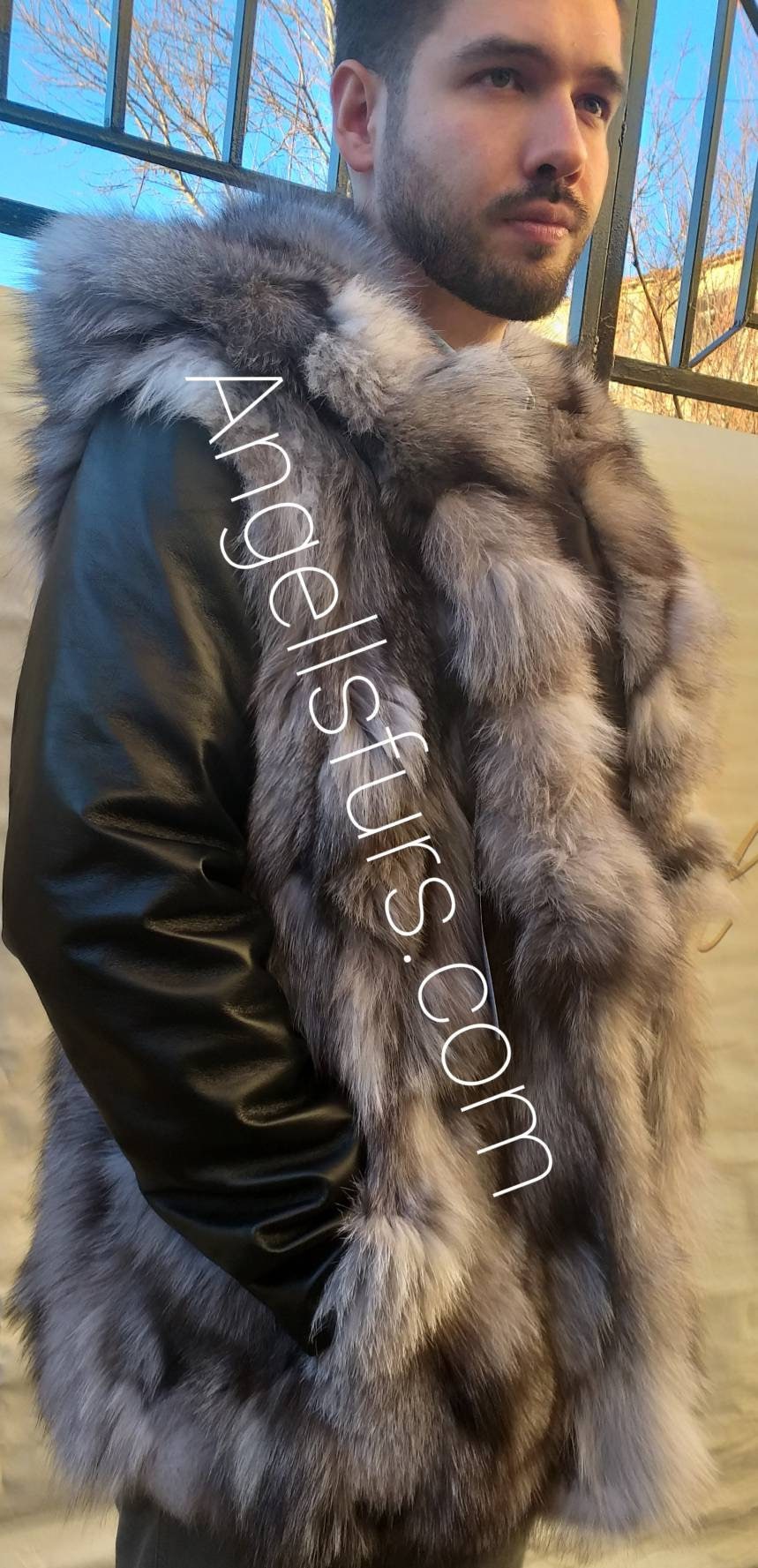 MEN'S HOODED SILVER Fox Fur with Detachable Real Leather sleeves!Jacket And Vest! Brand New Real ...