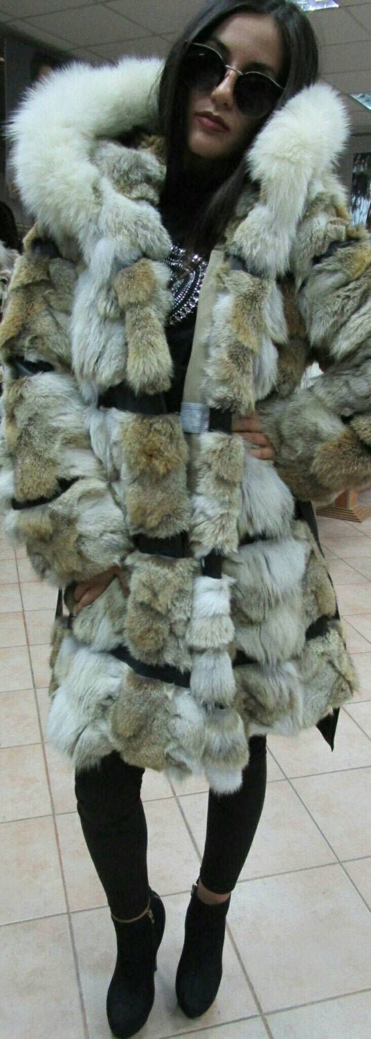 New,Natural Real Hooded Coyote Fur coat with black leather straps!