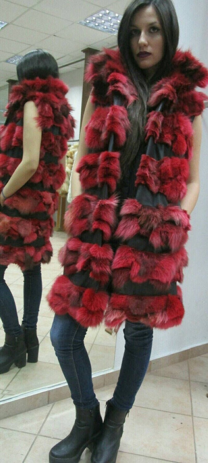 NEW Natural Real Long RED colored FOX Fur Vest with leather!