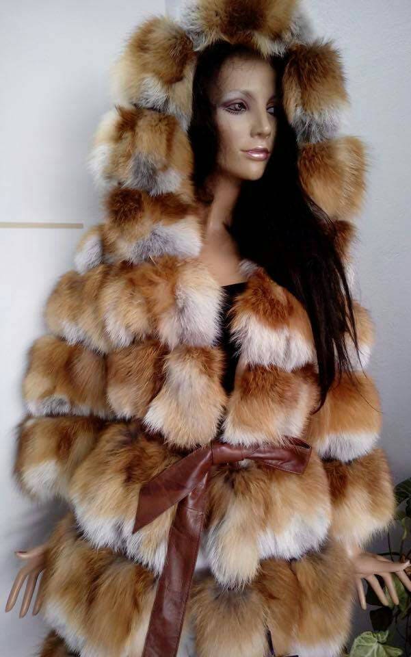 HOODED RED FOX Fur Coat!Brand New Real Natural Genuine Fur