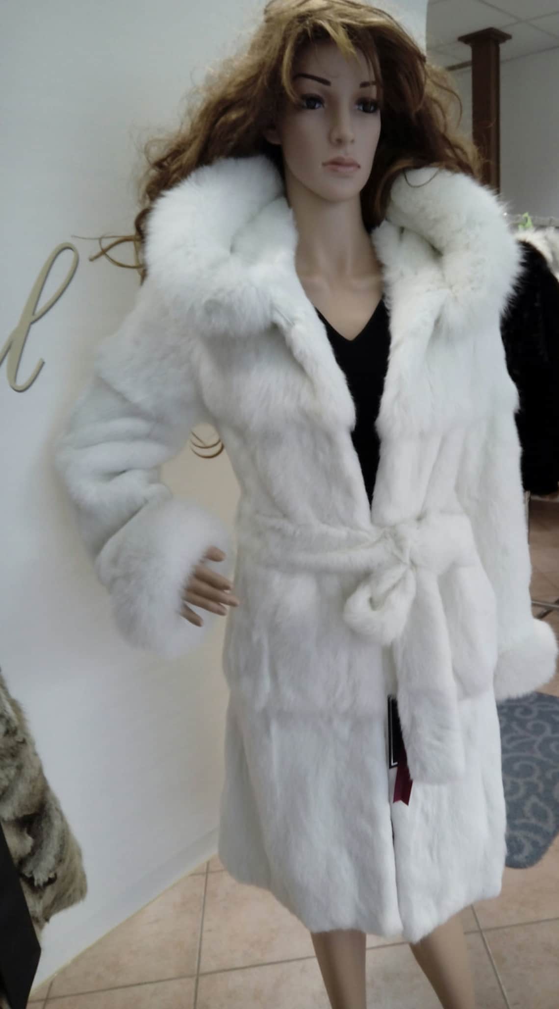 HOODED WHITE RABBIT Fur Coat With Fox!order Any Color!brand New Real ...