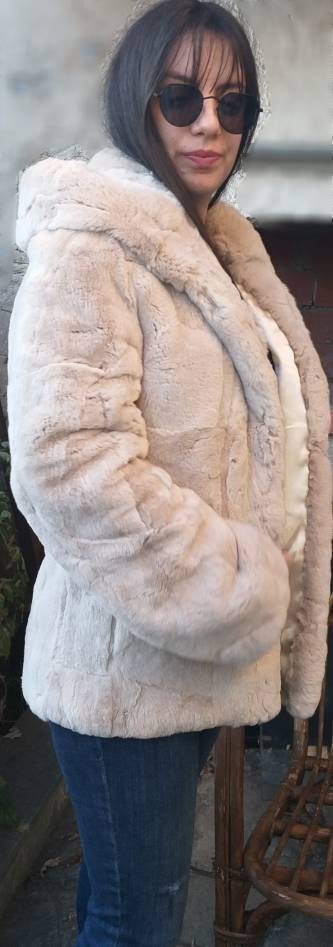 HOODED REX FUR!Beautiful Cream color!Order Any color!Brand New Real ...