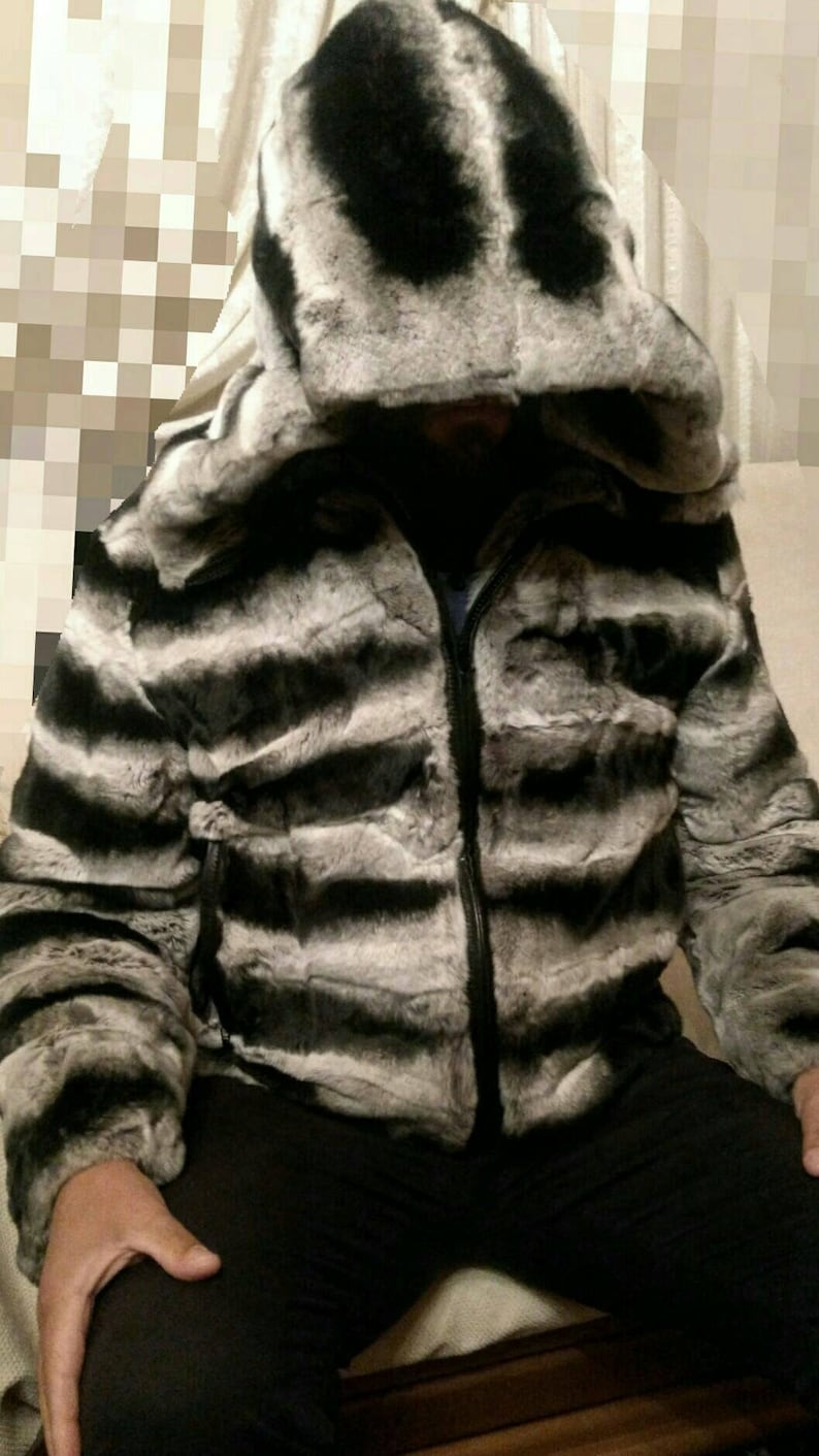 MEN'S REX FUR in Chinchilla Color Short Jacket With Big Hood!brand New ...