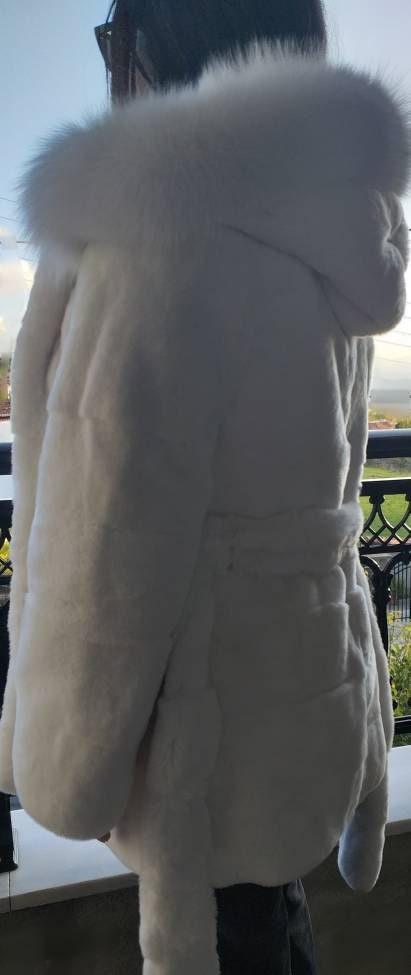 REX FUR HOODED Coat with White Fox!Order Any color! Brand New Real ...