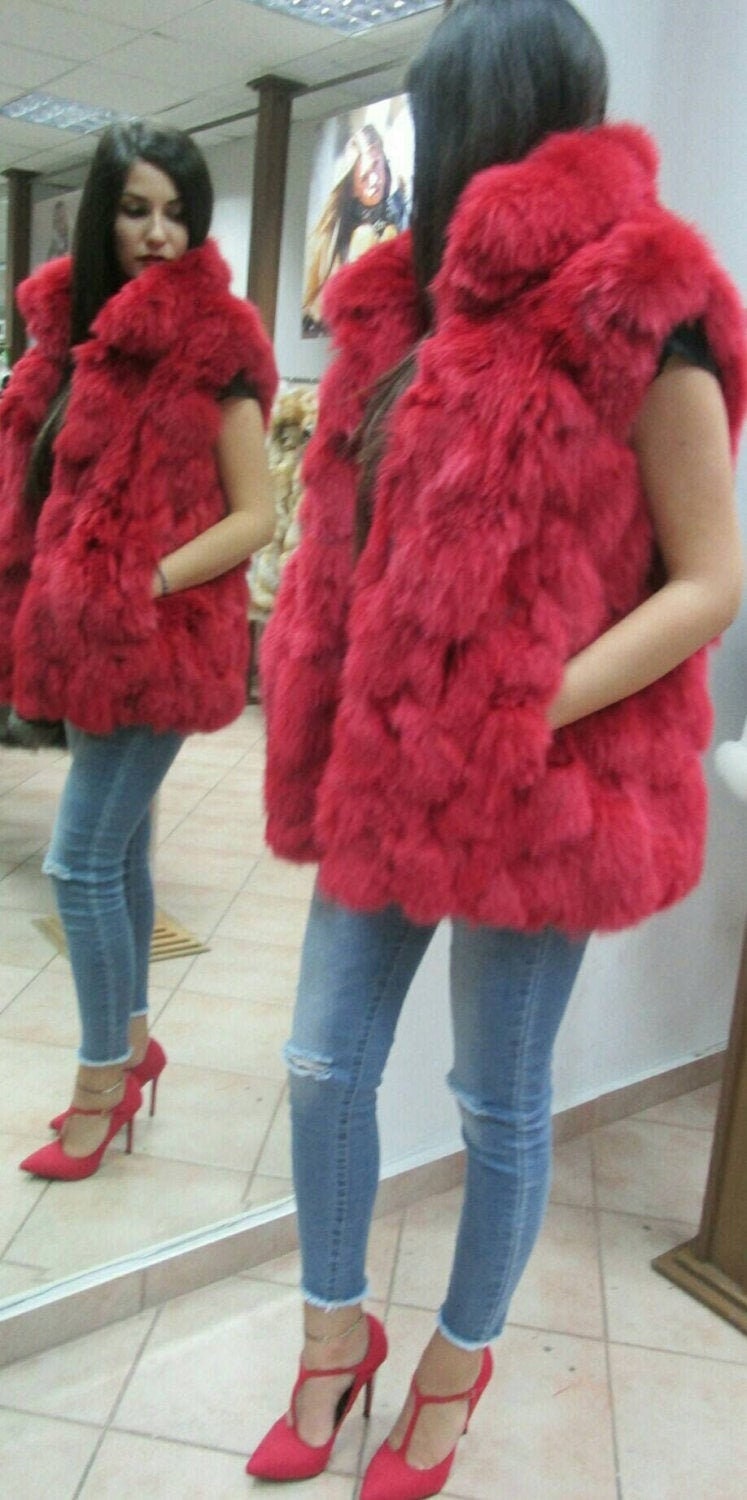FOX FUR Vest in bright RED Color!Brand New Real Genuine Fur!Order Any ...