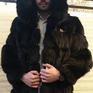 MEN'S HOODED BLACK Fox Coat With Leather Stripesbrand New Real Natural ...