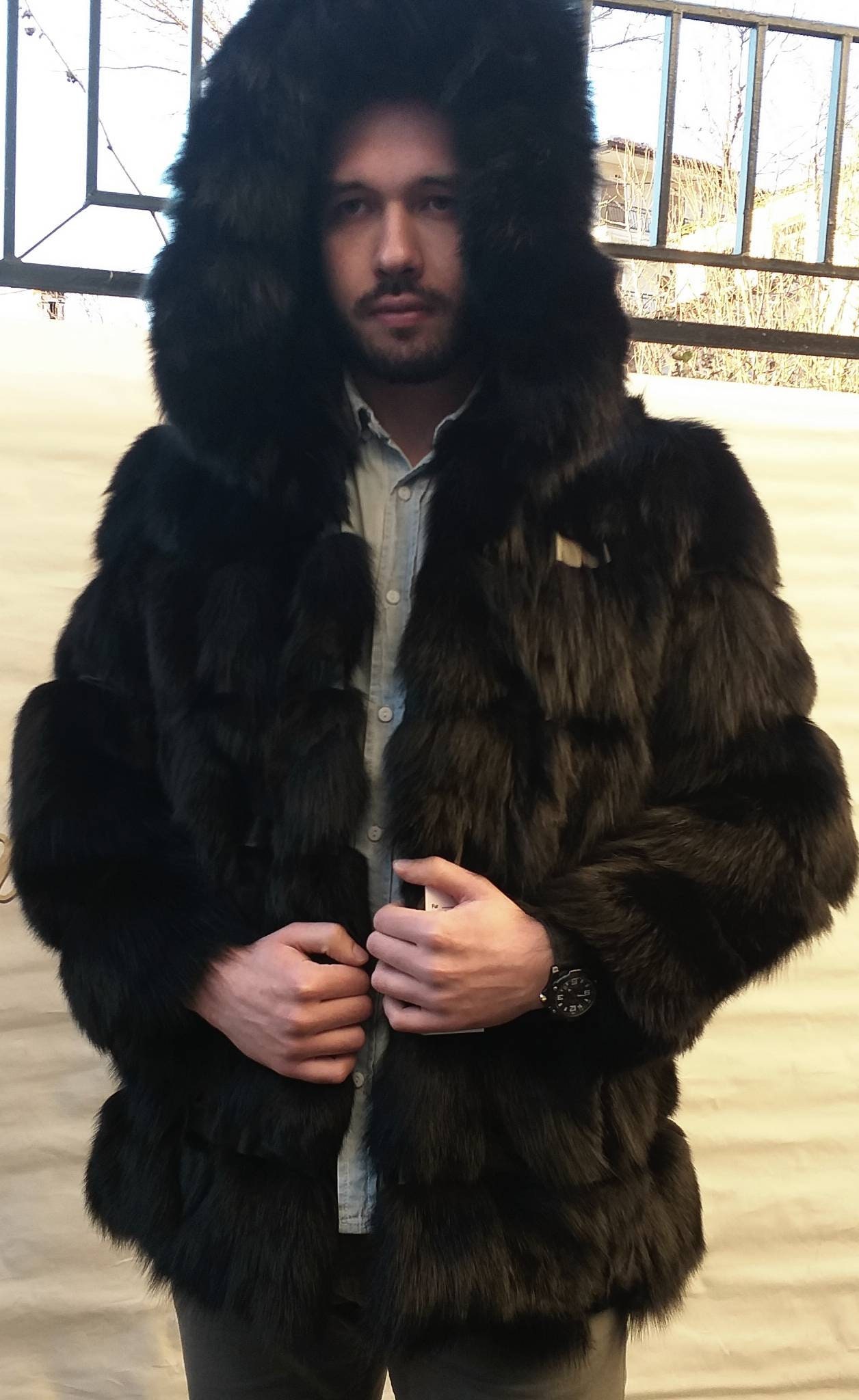 MEN'S HOODED BLACK Fox Coat with leather stripes!Brand New Real Natural ...