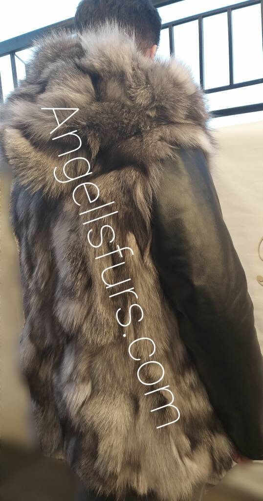 MEN'S HOODED SILVER Fox Fur with Detachable Real Leather sleeves!Jacket And Vest! Brand New Real ...