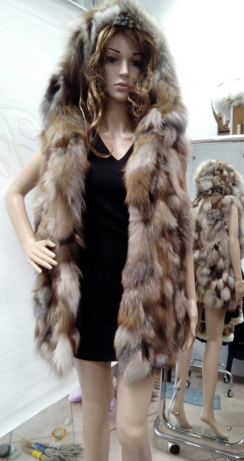 HOODED CRYSTAL FOX Fur Vest!Brand New Real Natural Genuine Fur!