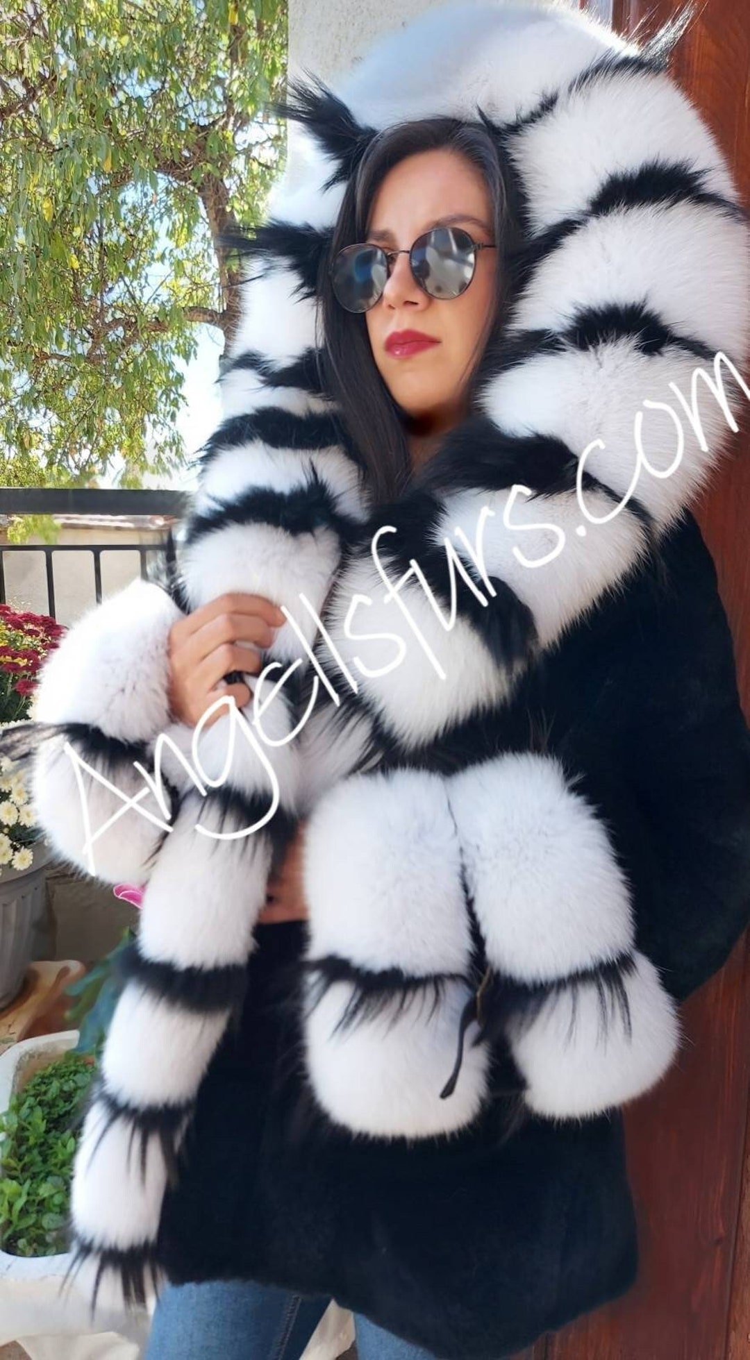 BLACK REX Hooded Furcoat With WHITE Fox Fur!brand New Real Natural ...