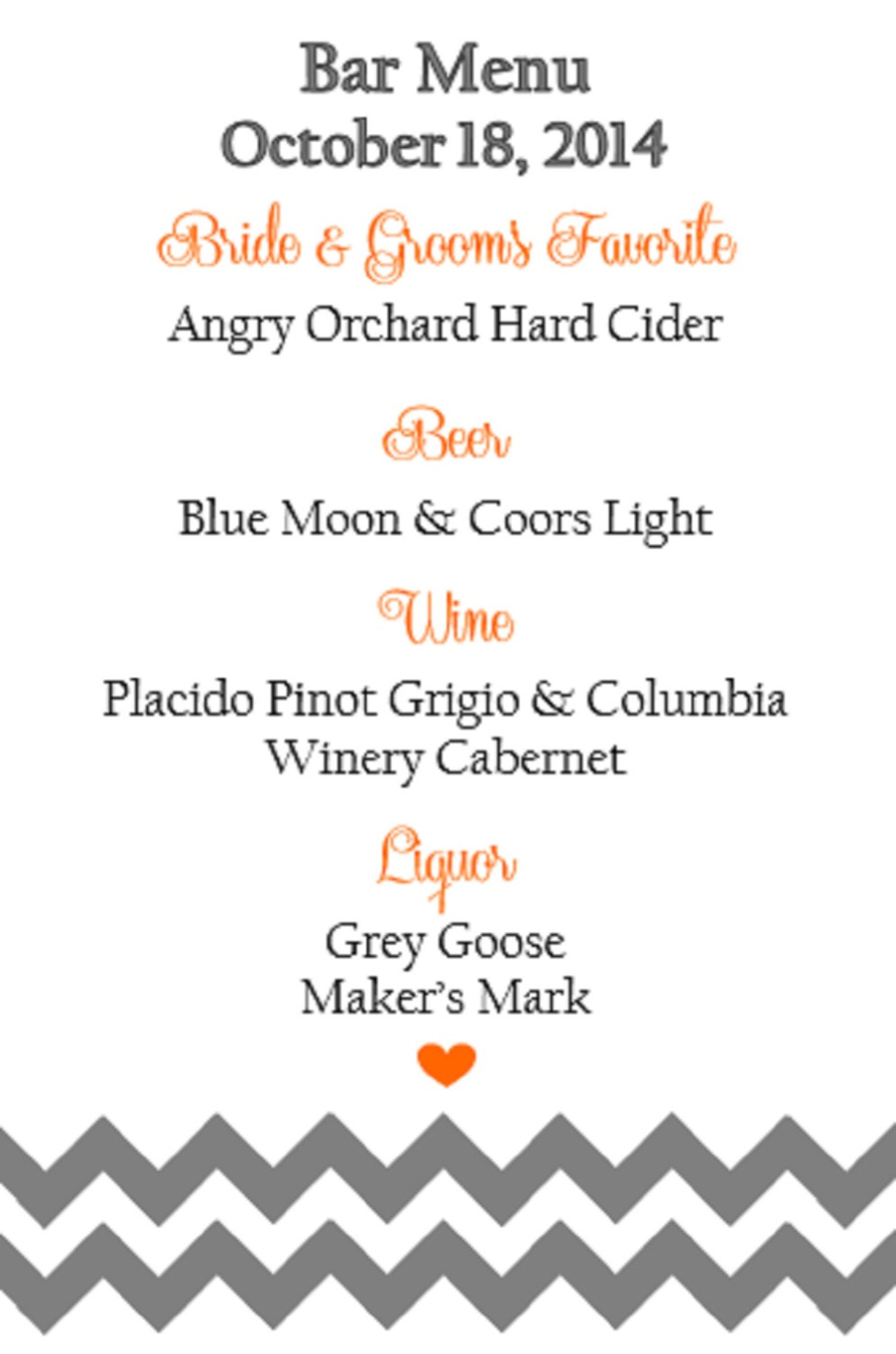 Chevron Reception Bar & Beverage Menu Wedding Reception - Etsy