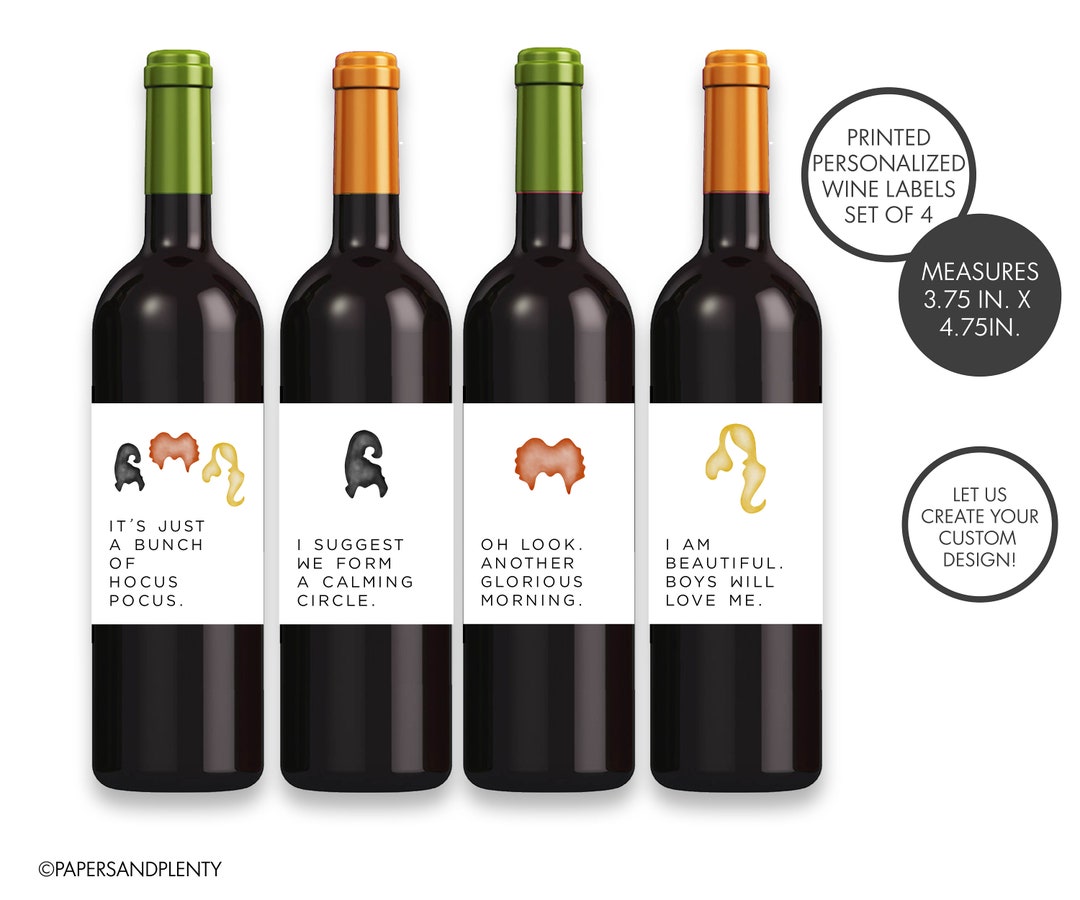 Printed Set of 4 Halloween Wine Labels, Witches Wine Labels, Halloween ...