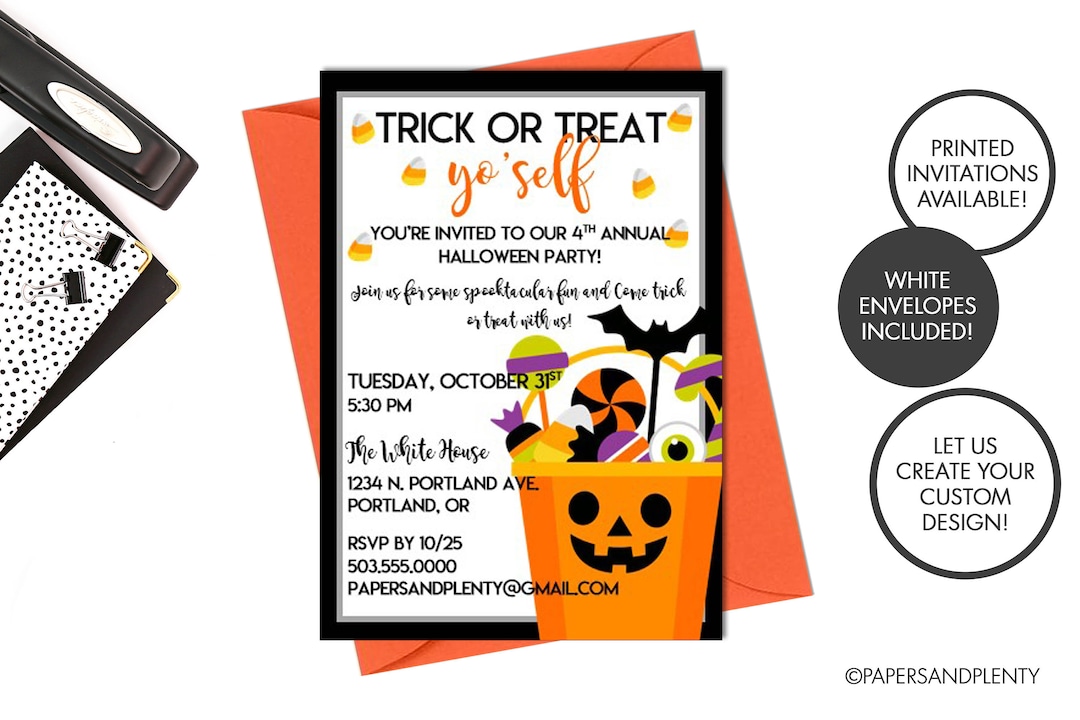 Printed Digital Halloween "trick or Treat Yo'self" Party Invitation ...