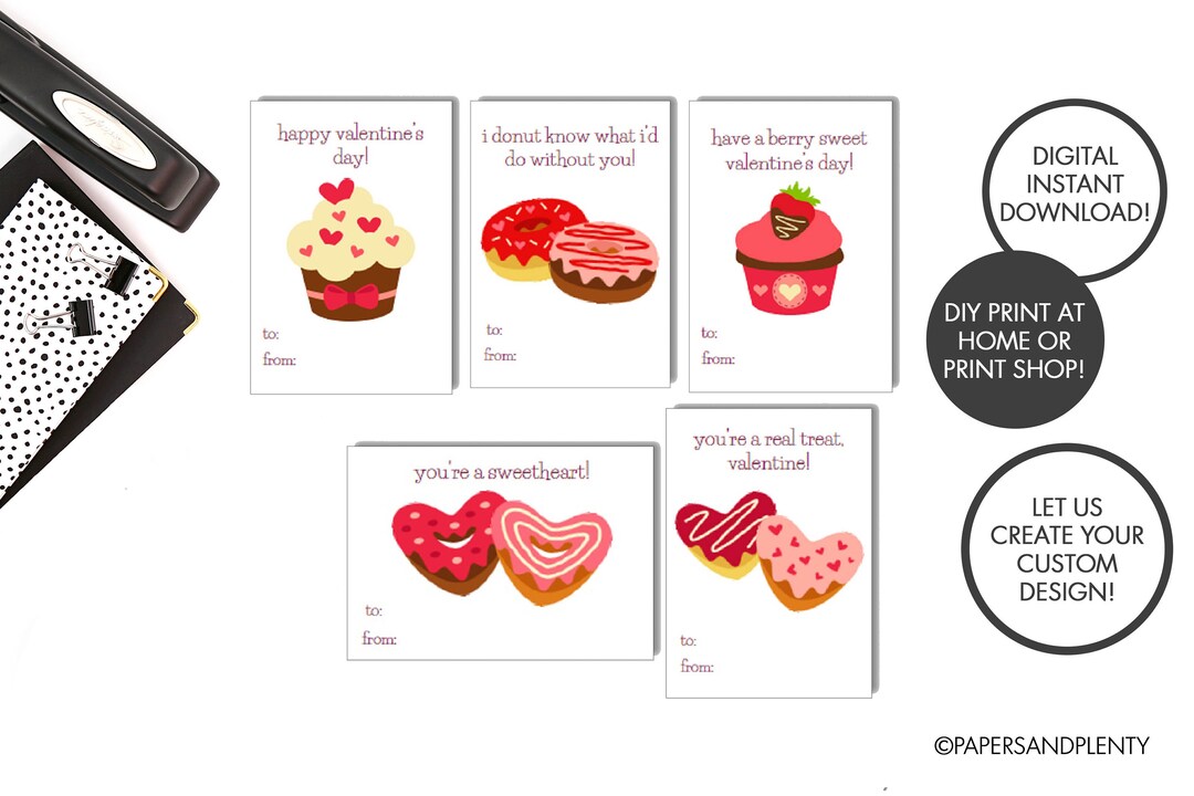 DIGITAL FILE - Printable Donuts/treats Valentine Cards for Kids (DIY ...