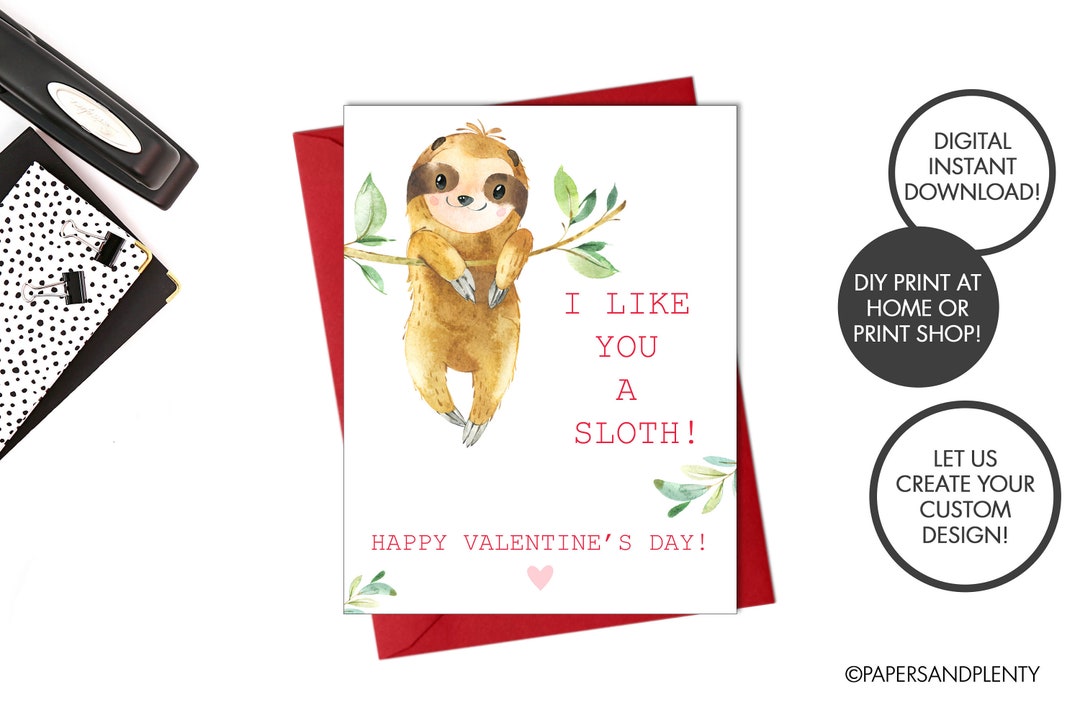 DIGITAL FILE - Printable Sloth Valentine's Day Cards for Kids Set of 4 ...