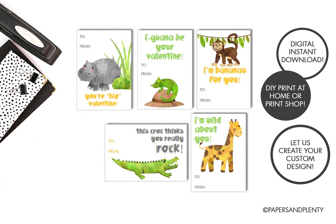 DIGITAL FILE Printable Safari Animal Valentine Cards for | Etsy