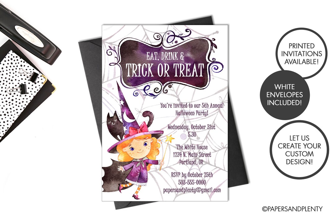 Halloween "eat, Drink & Trick or Treat" Party Invitation | Little Witch ...