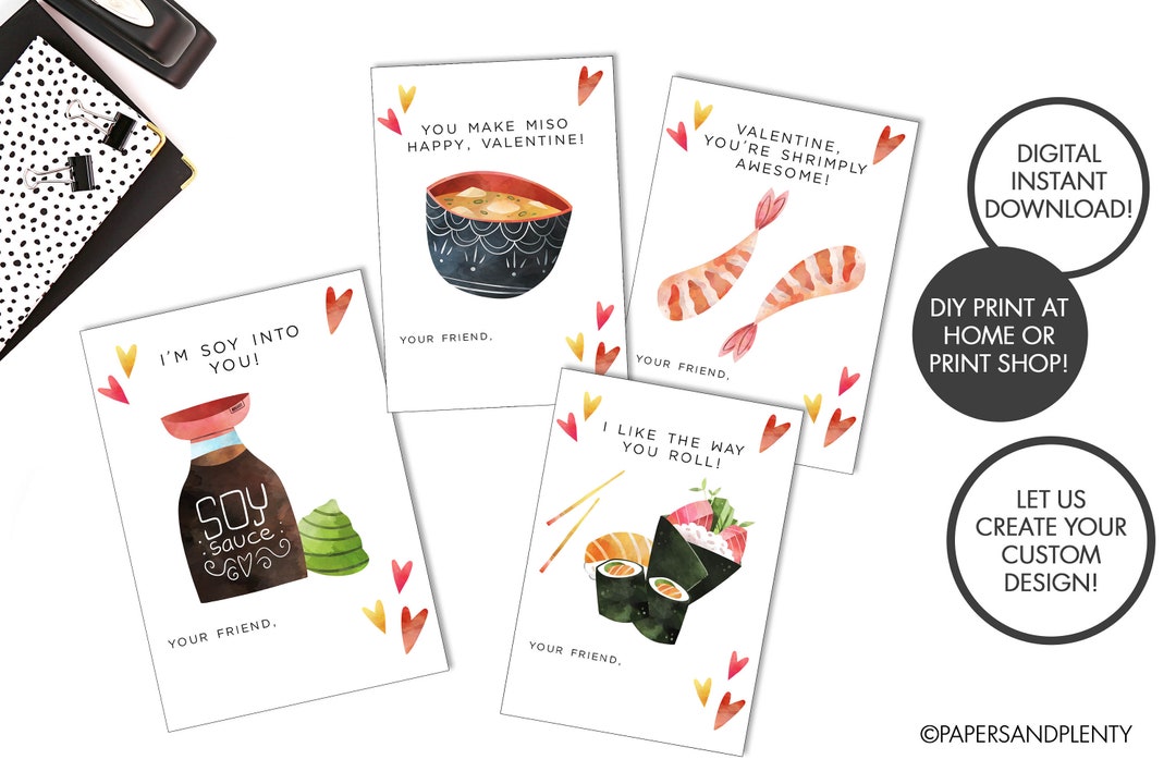 DIGITAL FILE - Kids Sushi Valentine Cards, Printable Valentine Cards ...