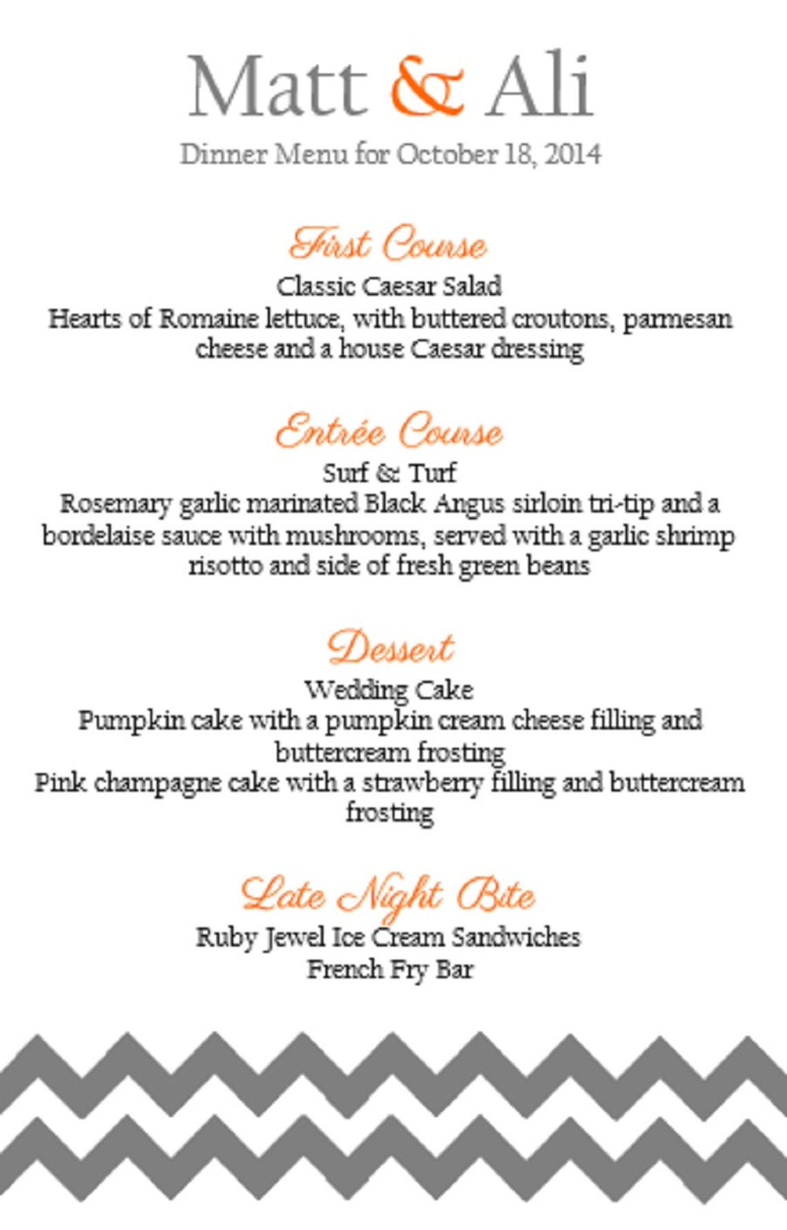 Chevron Wedding Reception Dinner Menu Gray & Orange Wedding | Etsy