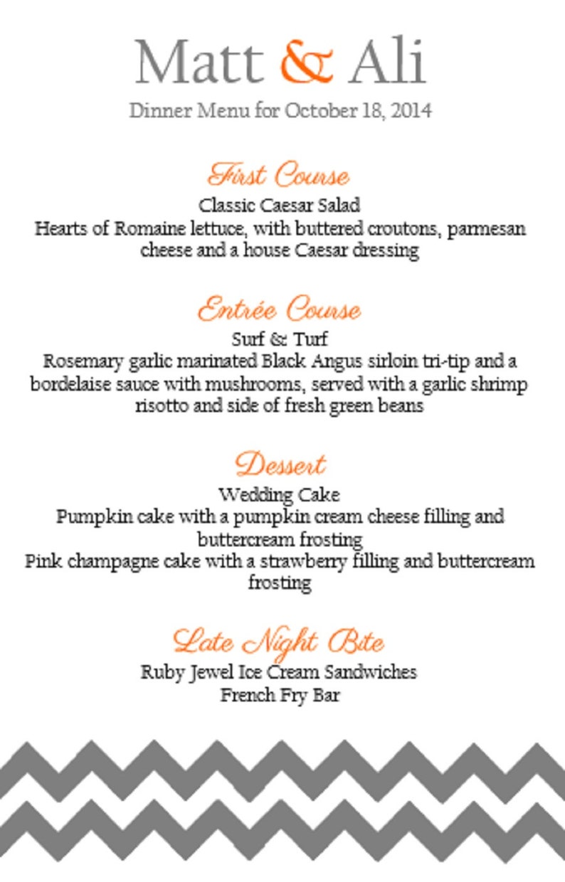 Chevron Wedding Reception Dinner Menu Gray & Orange Wedding | Etsy