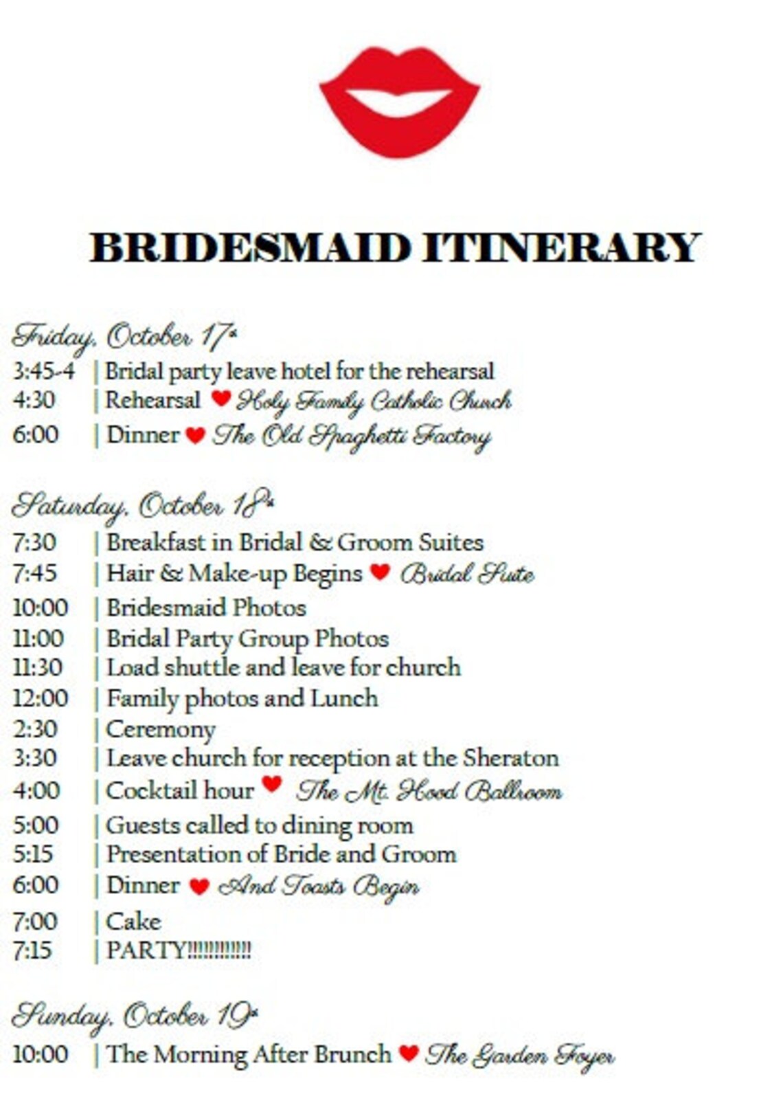 Digital Bridal Party Itinerary Wedding Weekend Itinerary - Etsy