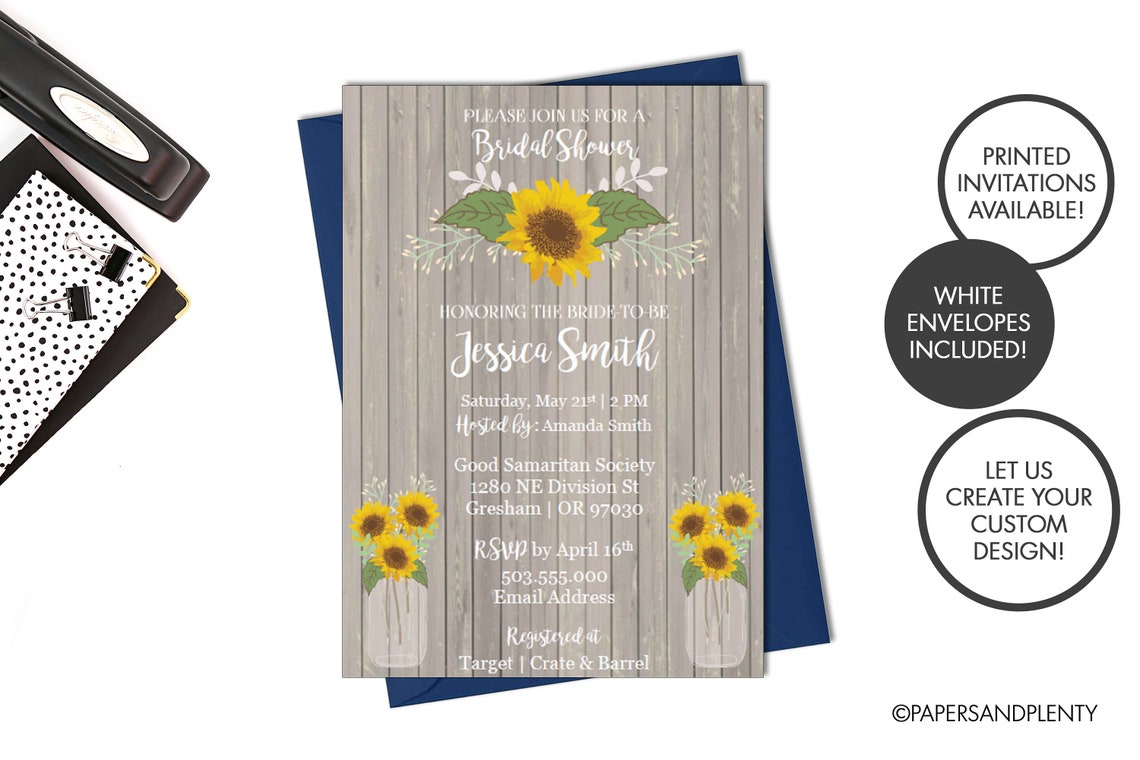 Digital or Printed Rustic Bridal Shower Invite Sunflower - Etsy
