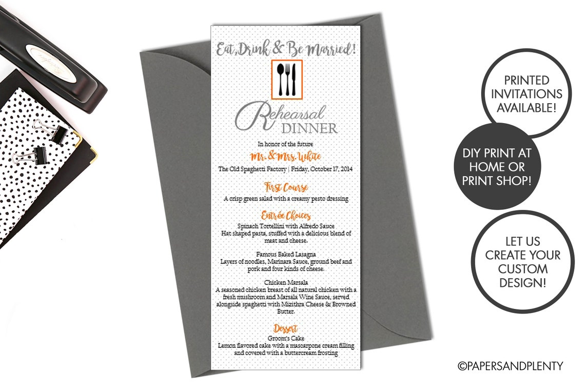 Digital or Printed Wedding Rehearsal Dinner Menu Eat Drink - Etsy
