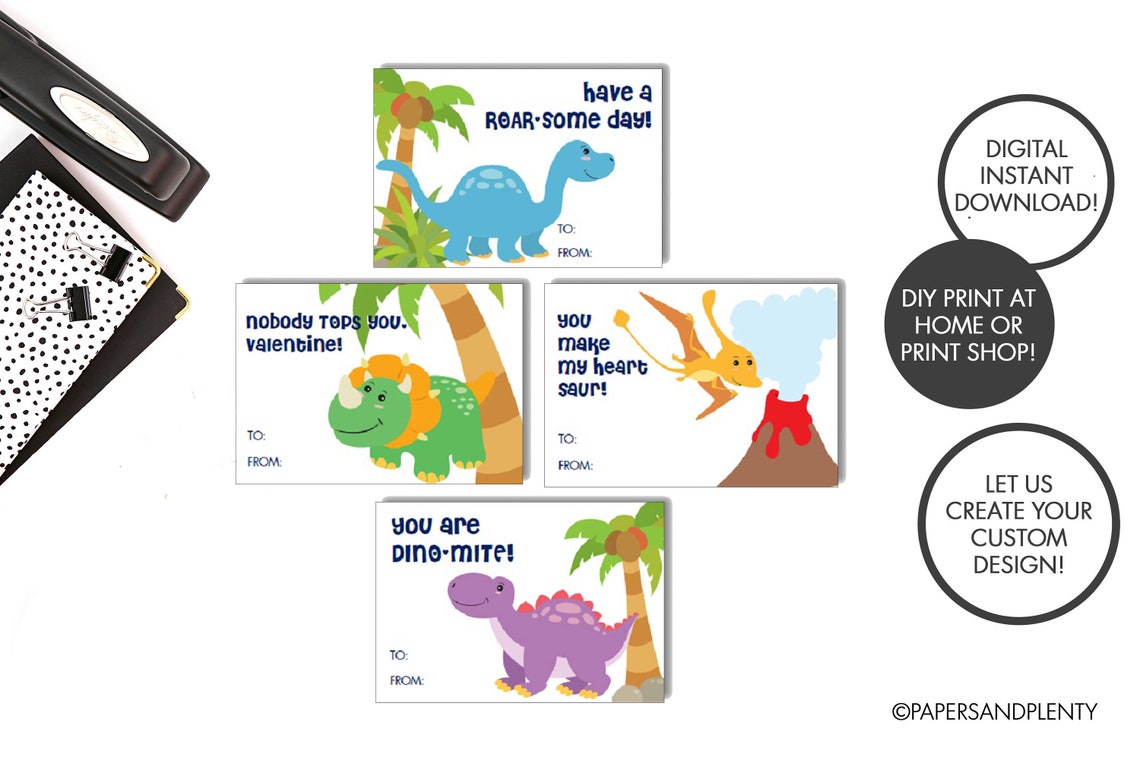 DIGITAL FILE Dinosaur Valentine Cards for Kids DIY Set of | Etsy