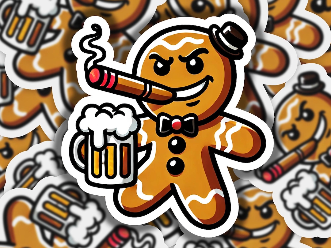 Gingerbread Man Smoking Drinking Beer Vinyl Sticker | Dishwasher Safe ...