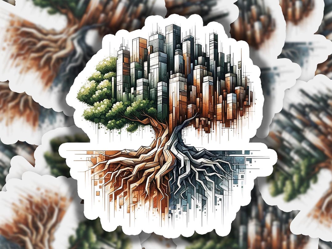 City Propped up by Nature Tree Vinyl Sticker | Dishwasher Safe ...